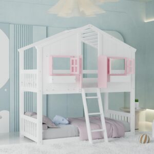 jurmiture twin over twin house bunk bed, bunkbeds with roof and window door, window box, ladder, wood low loft bed for kids girls boys teens, pink/white