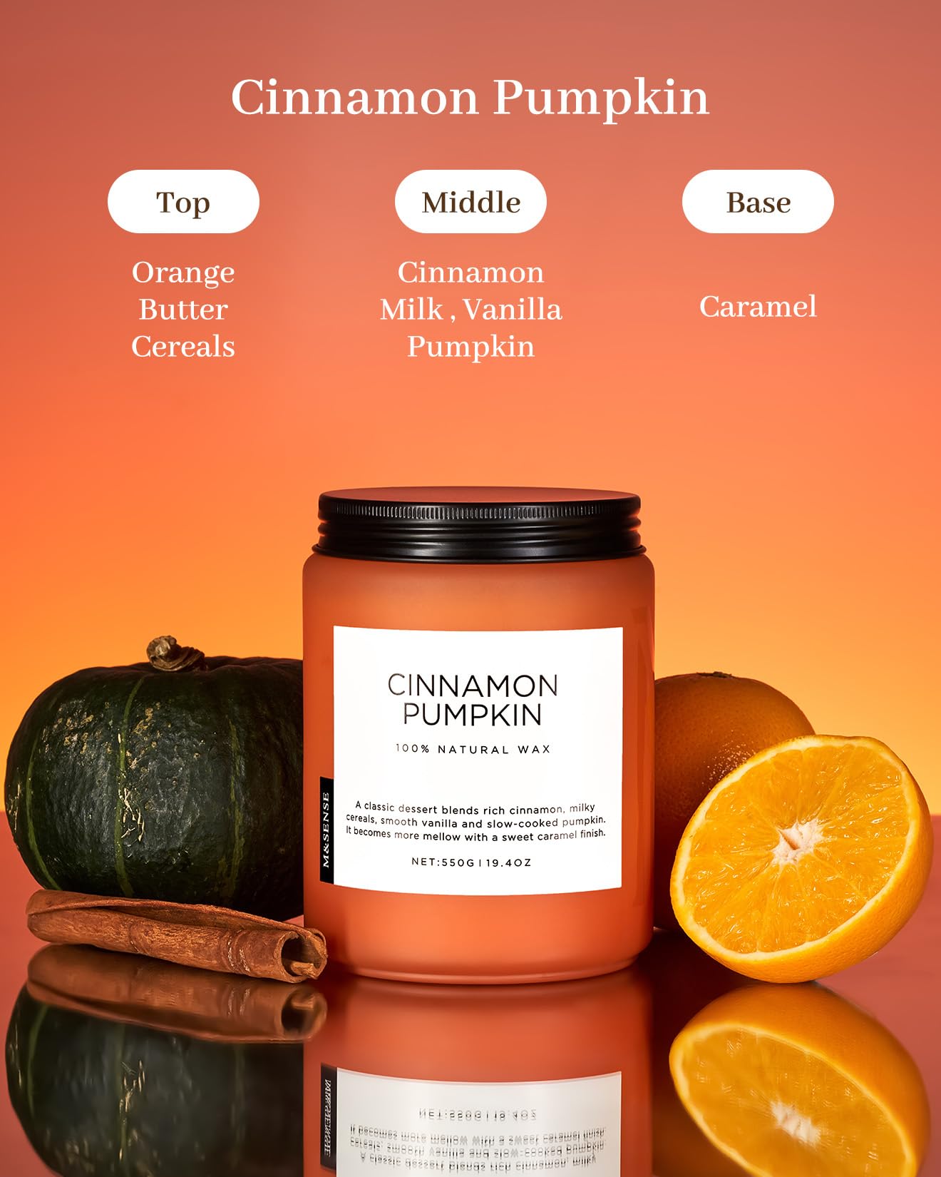 M&SENSE Cinnamon Pumpkin Scented Fall Candles, Double Wick Large Soy Natural Candles 19.4oz 110 Hours Long Lasting Slow Burning, Halloween Autumn Candle Gift Home Decor MSS603L07