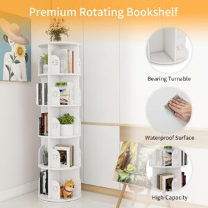 Hestiasko 5 Tier Rotating Bookshelf, 360 Rotating Bookcase, Spinning Bookshelf Tower for Kids & Adults, Corner Bookshelf for Small Space, Revolving Bookcase for Bedroom, Living Room, White