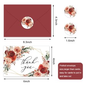 Whaline 24Pcs Watercolor Floral Thank You Cards with Envelopes and Stickers Boho Floral Greeting Cards Red Terracotta Flower Blank Note Cards for Party Supplies