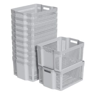 wakikini 12-pack plastic deep storage basket, large plastic stackable baskets, gray