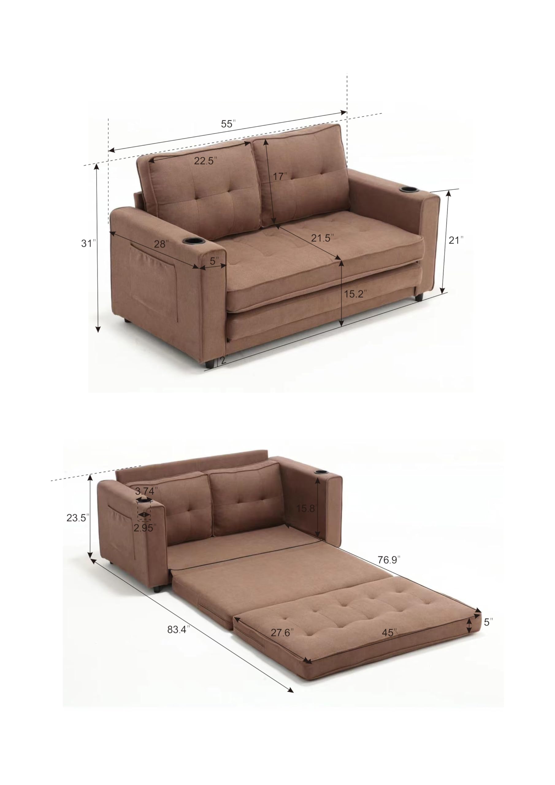 KINFFICT 3-in-1 Upholstered Futon Sofa Convertible Sofa Bed,Foldable Tufted Loveseat with Pull Out Sleeper Couch Bed,Folding Mattres Love Seat Daybed W/Side Pockets and Cup Holder (Brown)