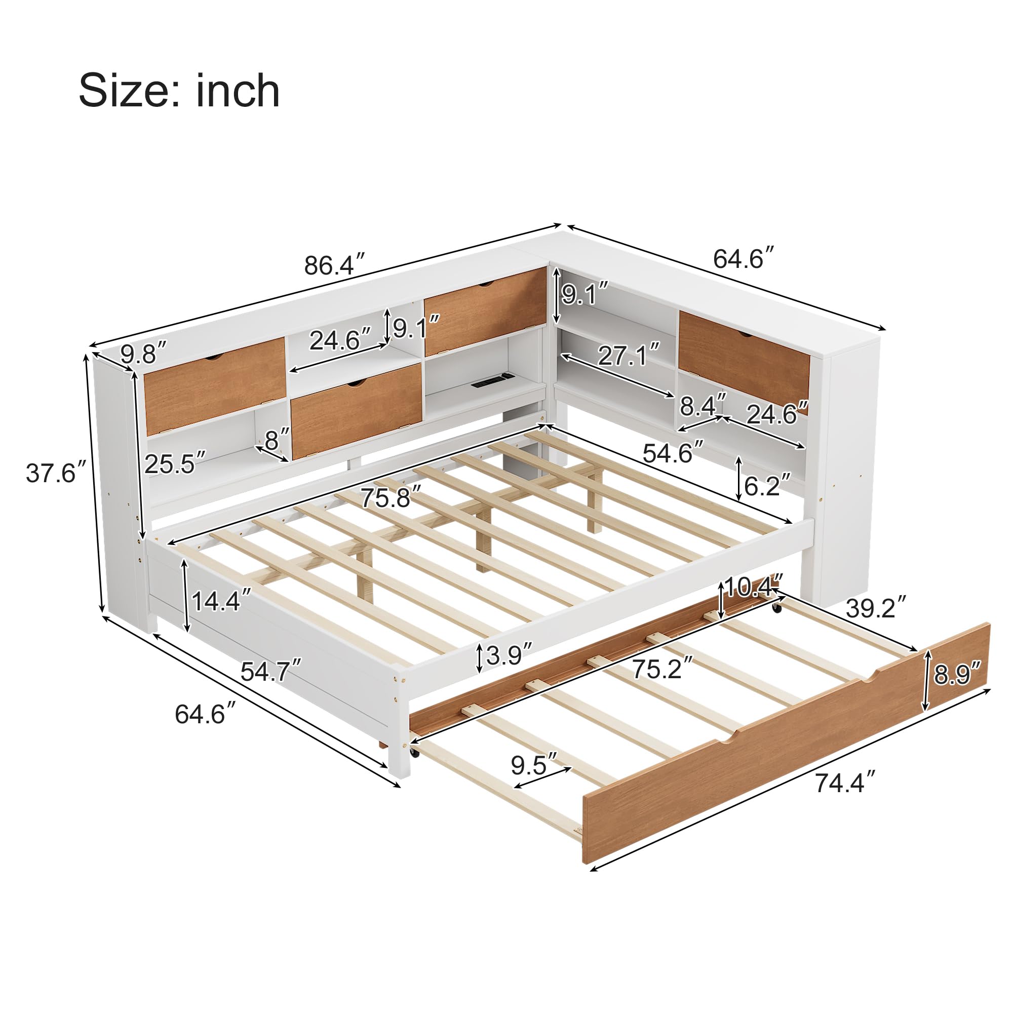 MERITLINE FullDaybed with Trundle, L-Shaped Bed Frame, Wood Platform Bed with LED Lights & USB Ports, Full Corner Bed with Trundle and Storage for Kids Teens Boys Girls, Walnut and White