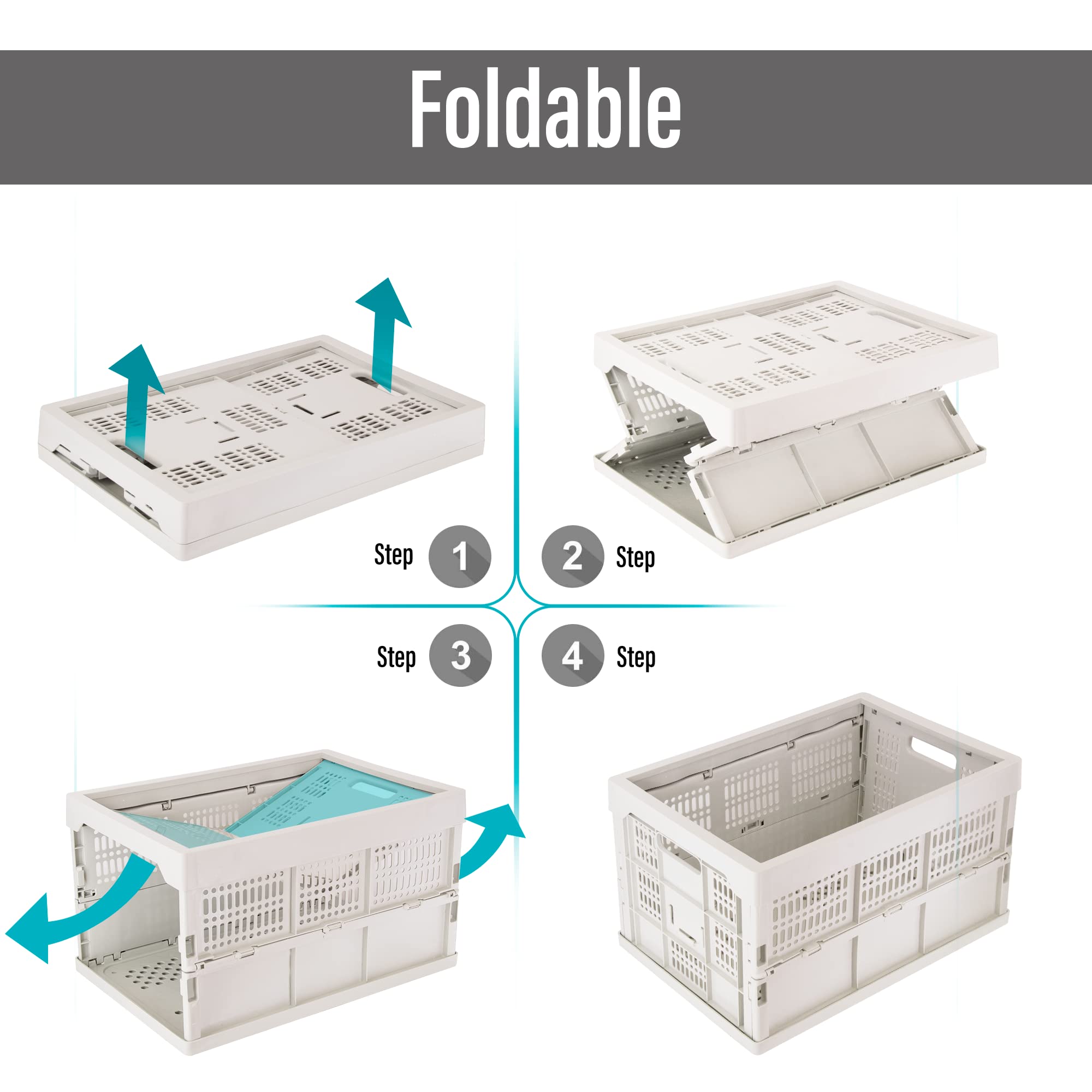 LITE DELIGHT 52L Collapsible Heavy Duty Storage Bin/Container, Stackable Folding Plastic Bin, Grated Wall, Utility (1, TCS-52HG1, Square, 52, Liters, Bin Grey)