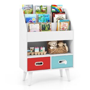 glacer 5-tier kids bookshelf, wooden children’s book rack with toy storage organizer, toddler montessori bookshelf with 2 foldable storage cubes, kids bookcase for nursery, classroom, playroom (white)