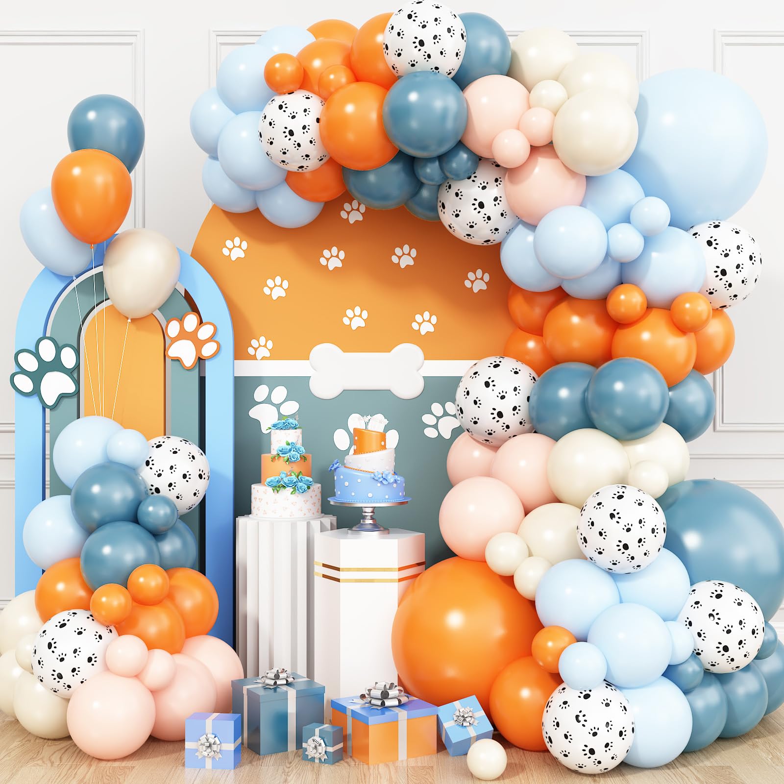 Blue Orange Balloons Arch Garland Kit,Dog Paw Balloons Garland with Retro Sea Blue Orange Paw Print Balloons for Boys Girls Baby Shower Puppy Birthday Party Decor