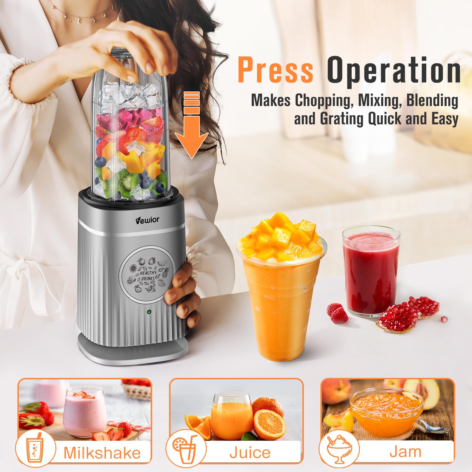 VEWIOR Smoothie Blender, Max 1500W Personal Blender Shakes and Smoothies 32 oz & 24 oz To-Go Cups, Countertop Portable Blenders Kitchen Ideal Frozen Juices Blender, Baby Food, Smoothies, Sauces