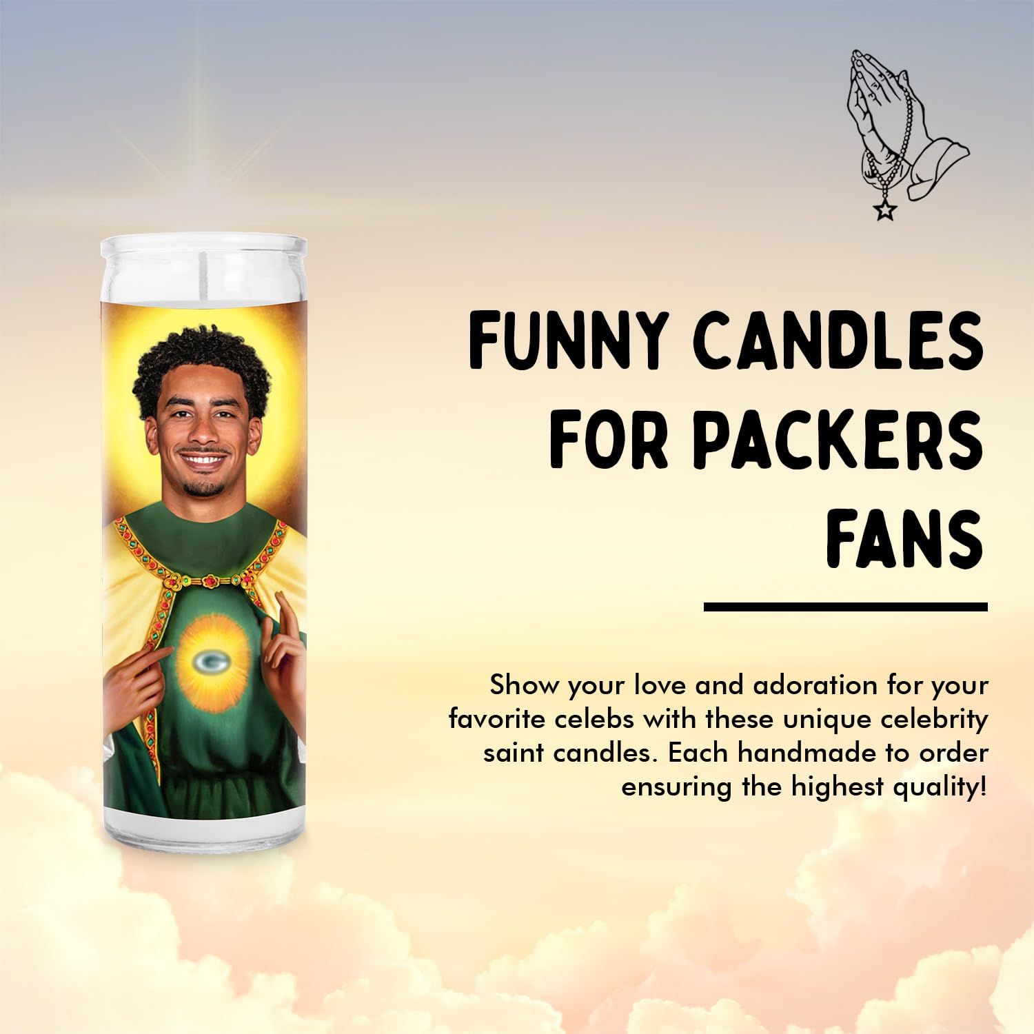 Love Celebrity Prayer Candle - Funny Saint Pack Candle - Votive Glass Jar White GB Candle - Devotional Candles for Bay Lovers - Handmade Soy Wax Candles - Unique Novelty Gift for Green Football Lovers