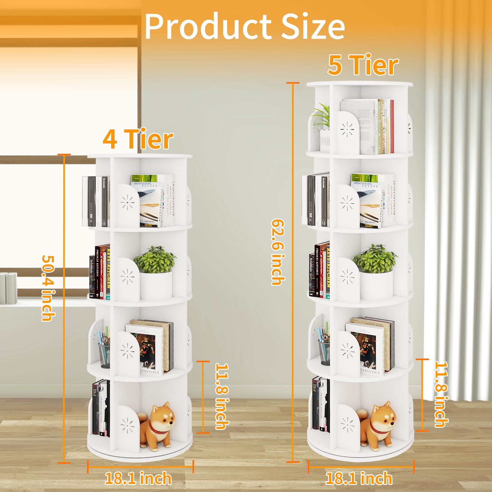 Hestiasko 5 Tier Rotating Bookshelf, 360 Rotating Bookcase, Spinning Bookshelf Tower for Kids & Adults, Corner Bookshelf for Small Space, Revolving Bookcase for Bedroom, Living Room, White