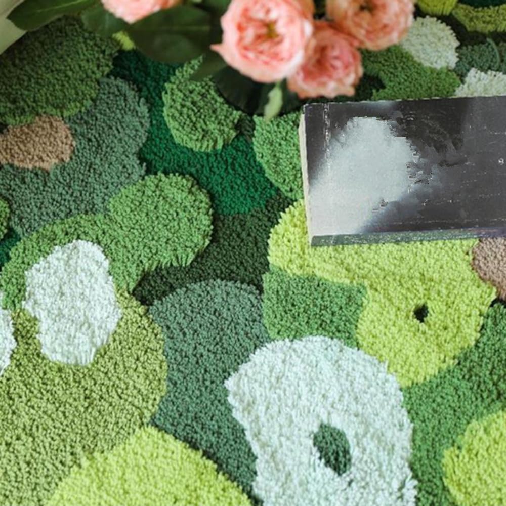 XYRuiHang Shag 3D Moss Green Rug Carpet for Bedroom Aesthetic Bedside Rug Soft Fluffy Irregular Moss Area Rug for Living Room Non Slip Large Moss Bath Mats Washable Nursery Hallway Runner (39x20)