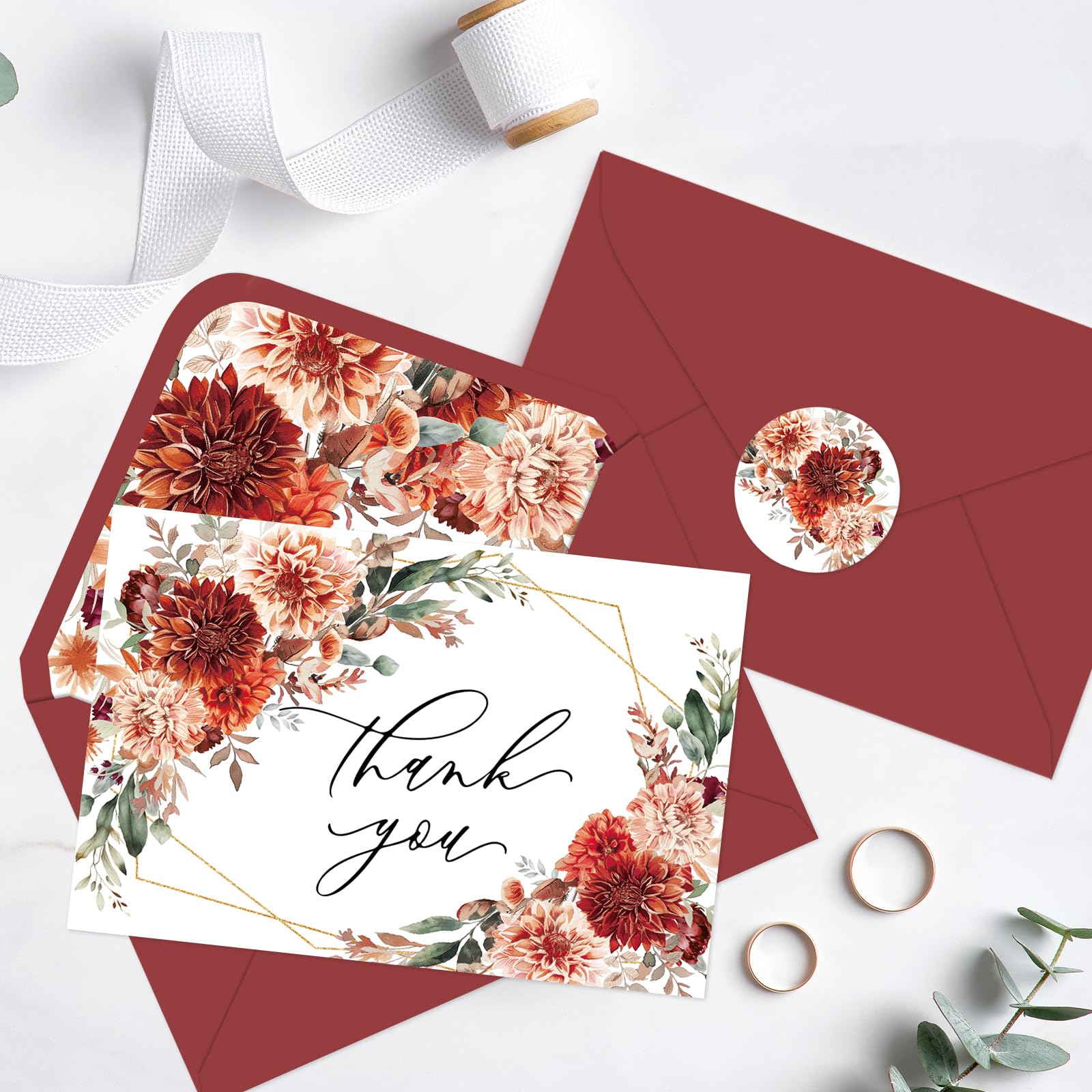 Whaline 24Pcs Watercolor Floral Thank You Cards with Envelopes and Stickers Boho Floral Greeting Cards Red Terracotta Flower Blank Note Cards for Party Supplies