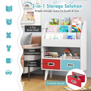 GLACER 5-Tier Kids Bookshelf, Wooden Children’s Book Rack with Toy Storage Organizer, Toddler Montessori Bookshelf with 2 Foldable Storage Cubes, Kids Bookcase for Nursery, Classroom, Playroom (White)