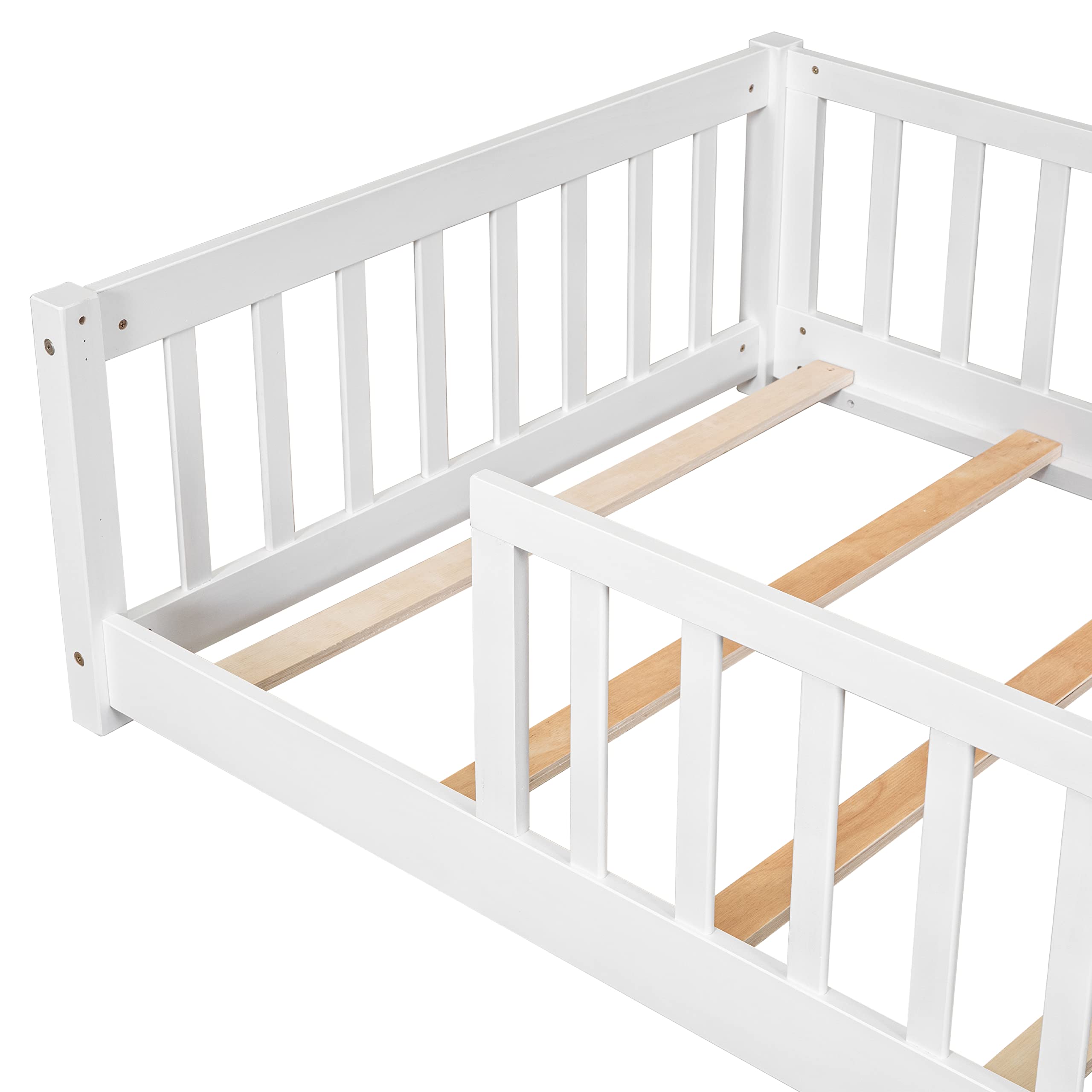 UOCFYK Toddler Twin Size Floor Bed with Fence for Kids,Solid Wood Bedframe,Easy to Assemble, No Box Spring Needed,White