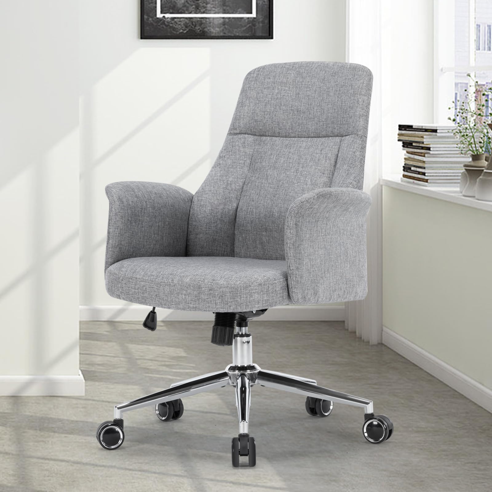 Luckyear Home Office Chair Desk Chair, Ergonomic Computer Chair Modern Linen Fabric Adjustable Height Task Chair with Rocking Backrest, Swivel Executive Chair for Home Office, Gray