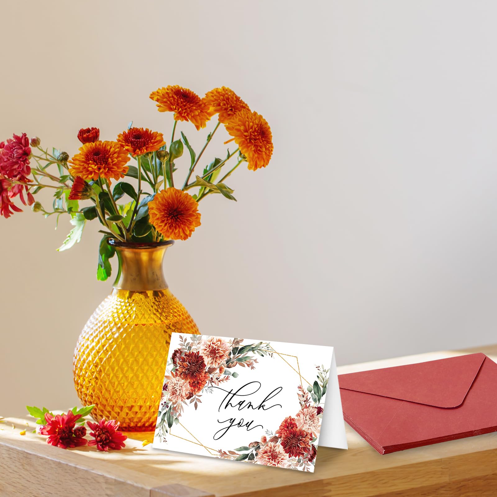 Whaline 24Pcs Watercolor Floral Thank You Cards with Envelopes and Stickers Boho Floral Greeting Cards Red Terracotta Flower Blank Note Cards for Party Supplies