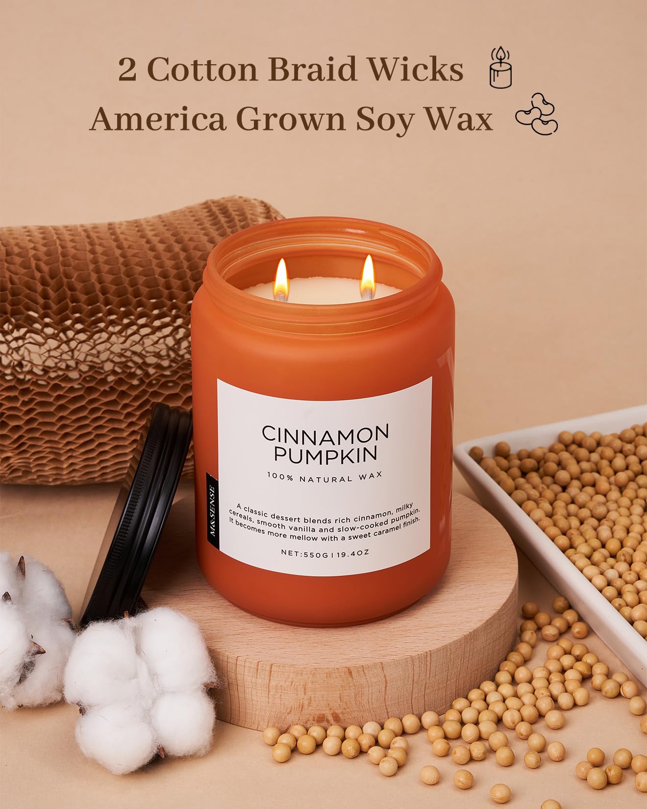 M&SENSE Cinnamon Pumpkin Scented Fall Candles, Double Wick Large Soy Natural Candles 19.4oz 110 Hours Long Lasting Slow Burning, Halloween Autumn Candle Gift Home Decor MSS603L07