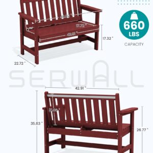 SERWALL Outdoor Bench, HDPE Outdoor Benches Weatherproof, 2-Person Garden Bench with 660 lbs Weight Capacity, Patio Benches for Outdoors, Garden, Porch, Backyard and Park, Red