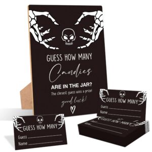 halloween guess how many candies are in the jar game, pack of 1 wooden tabletop sign with stand and 50 guessing cards, black gothic baby shower game, gender reveal party decorations - wv03