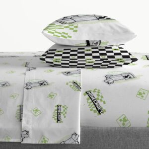 Jay Franco Minecraft Creeper Full Size Sheet Set - Super Soft 4 Piece Kids Bedding Set - Microfiber Sheets Includes Reversible Pillow Covers