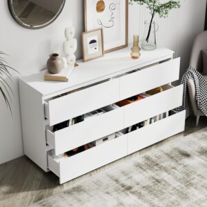 AIEGLE 6 Drawer Dresser for Bedroom, White Handle-Free Dresser Chest with Pop-Out Drawers, Wood Storage Chest of Drawers for Bedroom Organize (59" W x 15.7" D x 32.3" H)