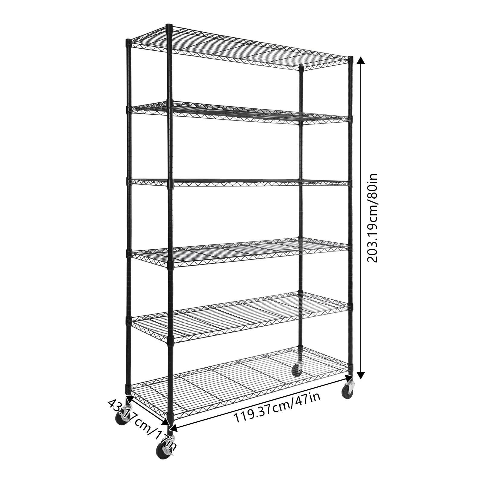 6 Tier Shelf Shelving Unit with Wheels Adjustable Storage Shelf Cart Metal Shelf Rolling Utility Cart 2,100lbs Capacity, Heavy Duty Wire Shelving Rack, 47 x 17 x 80in