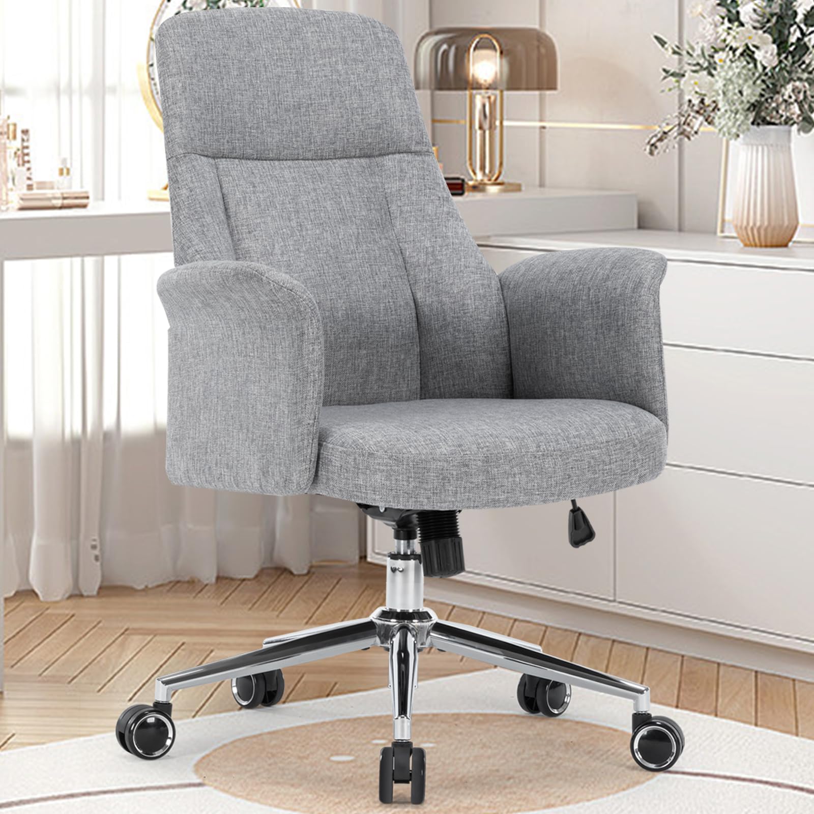 Luckyear Home Office Chair Desk Chair, Ergonomic Computer Chair Modern Linen Fabric Adjustable Height Task Chair with Rocking Backrest, Swivel Executive Chair for Home Office, Gray