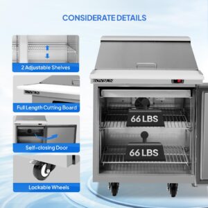 ROVSUN 7.1 Cu.Ft Commercial Refrigerator ETL NSF DOE, Sandwich & Salad Prep Table Refrigerator 27" Stainless Steel w/Cutting Board Food Pans Lockable Wheels for Restaurant, Bar, Shop