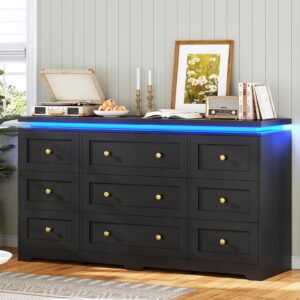 aogllati long dresser for bedroom, 55” black 9 drawer dresser with led lights, modern large wood chest of drawers, led wide bedroom dresser with top floating design for bedroom hallway,black