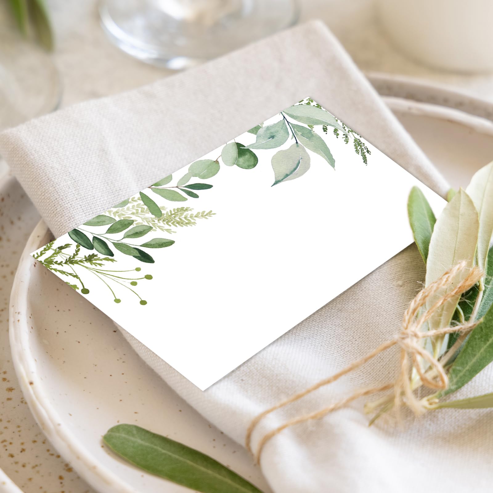 Whaline 100Pcs Greenery Place Cards 2 x 3.5 Inch Watercolor Eucalyptus Leaves Tent Name Cards Green Seat Assignment Labels for Wedding Baby Shower Party Table Setting Supplies