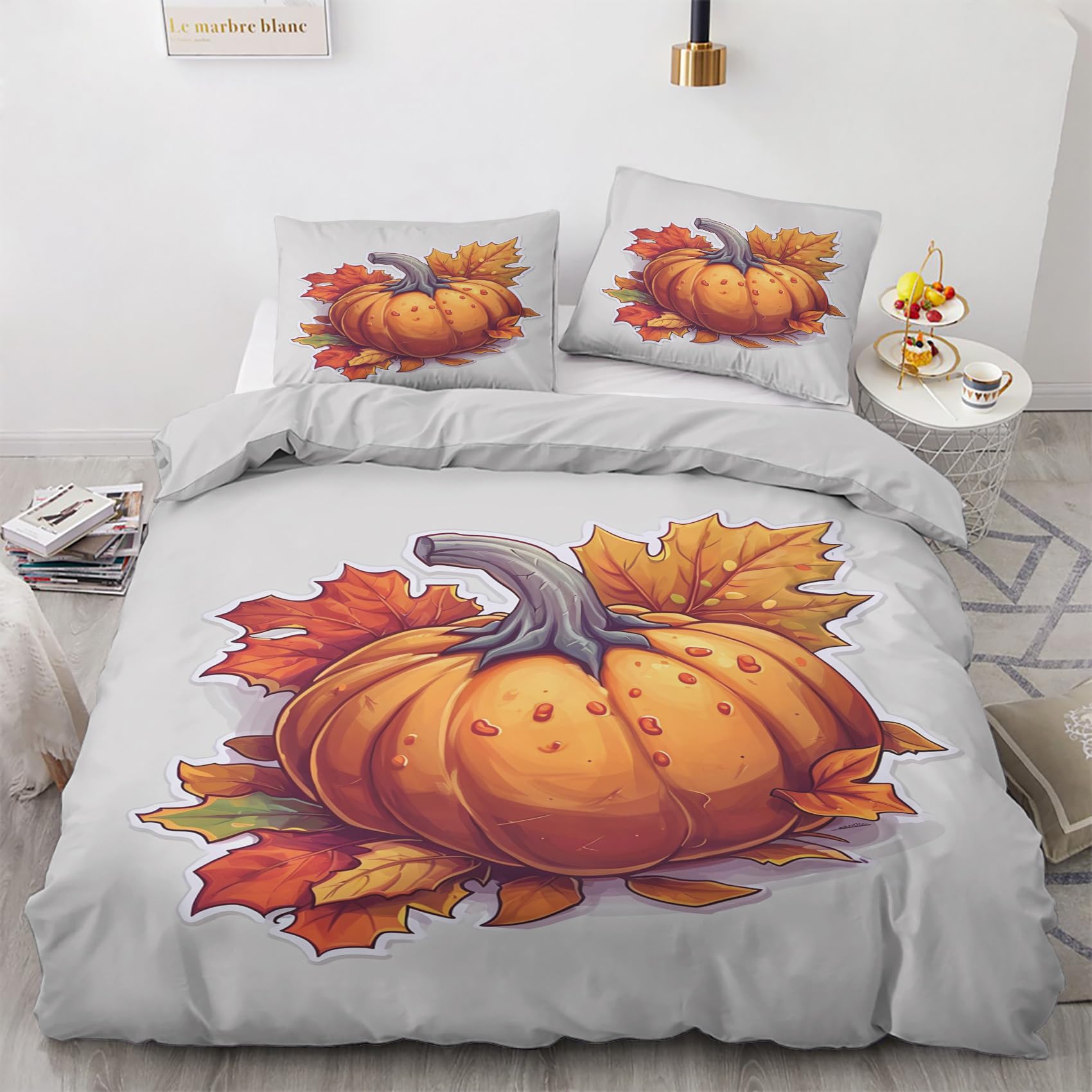 AopGlyvyr Pumpkin Duvet Cover Queen Size, Fall Maple Comforter Cover, Halloween Bedding Set, Breathable Duvet Cover with Zipper Closure, 3 Pieces with 1 Duvet Cover and 2 Pillowcase