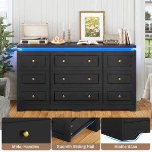 AOGLLATI Long Dresser for Bedroom, 55” Black 9 Drawer Dresser with Led Lights, Modern Large Wood Chest of Drawers, Led Wide Bedroom Dresser with Top Floating Design for Bedroom Hallway,Black