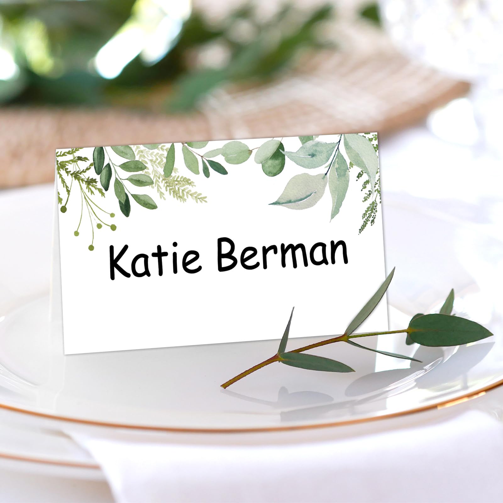 Whaline 100Pcs Greenery Place Cards 2 x 3.5 Inch Watercolor Eucalyptus Leaves Tent Name Cards Green Seat Assignment Labels for Wedding Baby Shower Party Table Setting Supplies