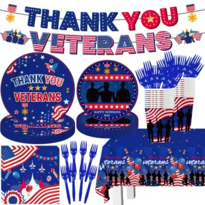 veterans day decorations tableware 102pcs patriotic theme party decorations set include thank you veterans banner plates napkins cups forks and tablecloth for happy veterans day supplies