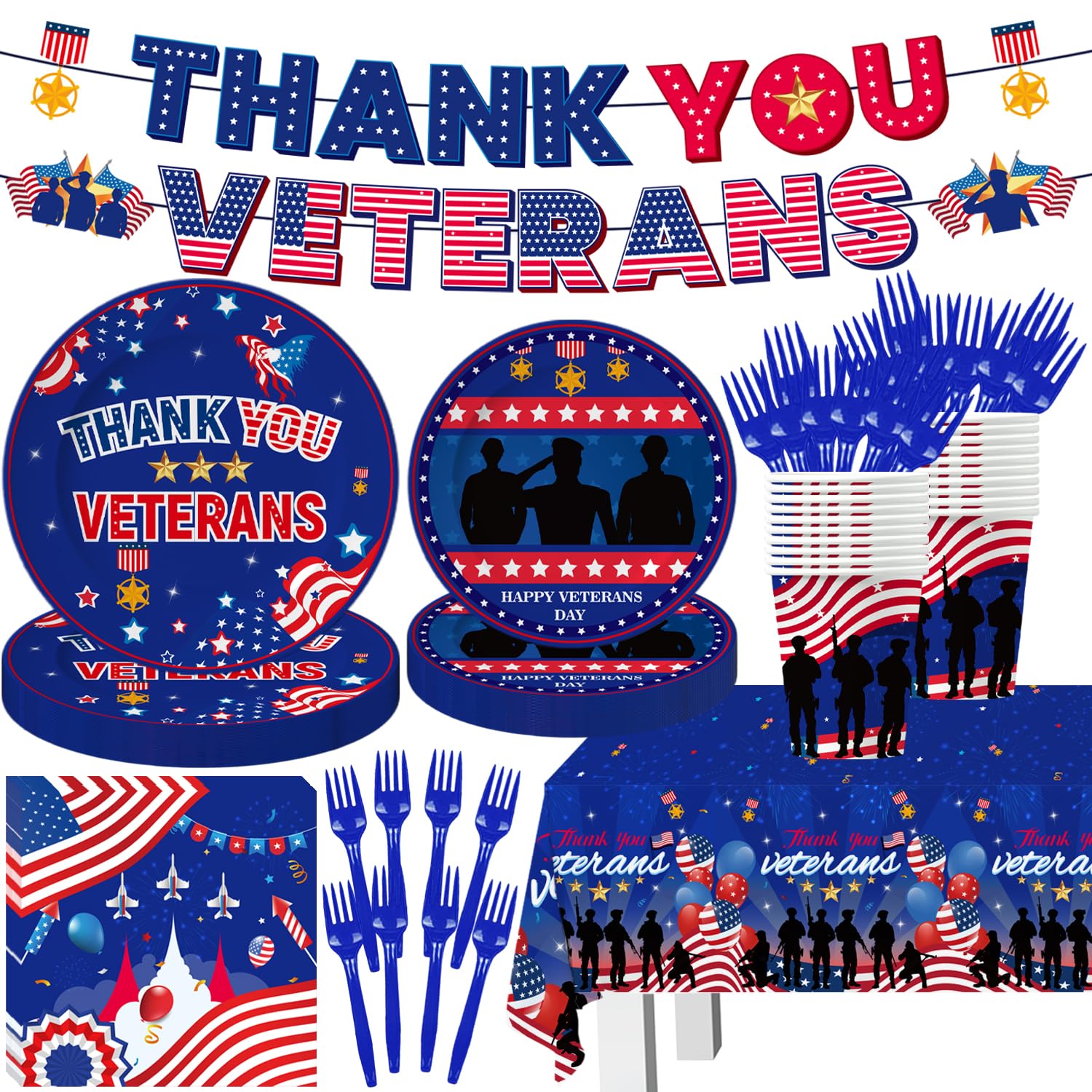 Veterans Day Decorations Tableware 102pcs Patriotic Theme Party Decorations Set Include Thank You Veterans Banner Plates Napkins Cups Forks and Tablecloth for Happy Veterans Day Supplies