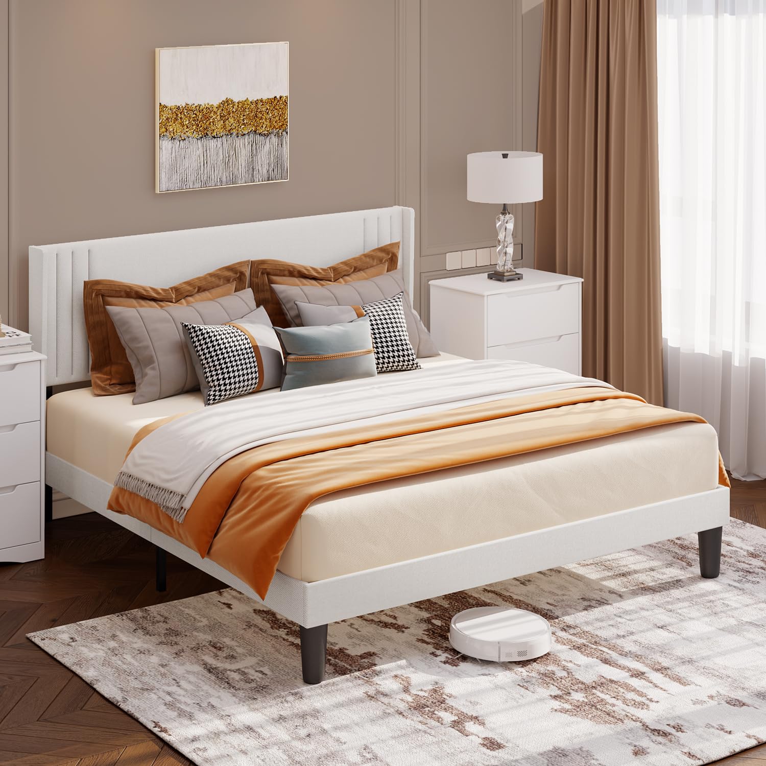 Gizoon Full Bed Frame with Wingback Headboard, Upholstered Platform Bed with Modern Geometric Headboard, Wooden Slats, Noise-Free, No Box Spring Needed