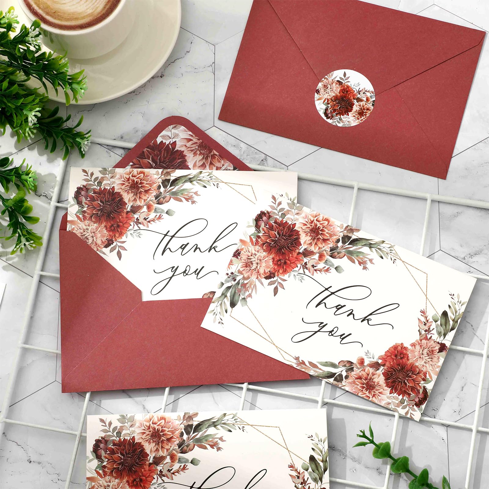 Whaline 24Pcs Watercolor Floral Thank You Cards with Envelopes and Stickers Boho Floral Greeting Cards Red Terracotta Flower Blank Note Cards for Party Supplies