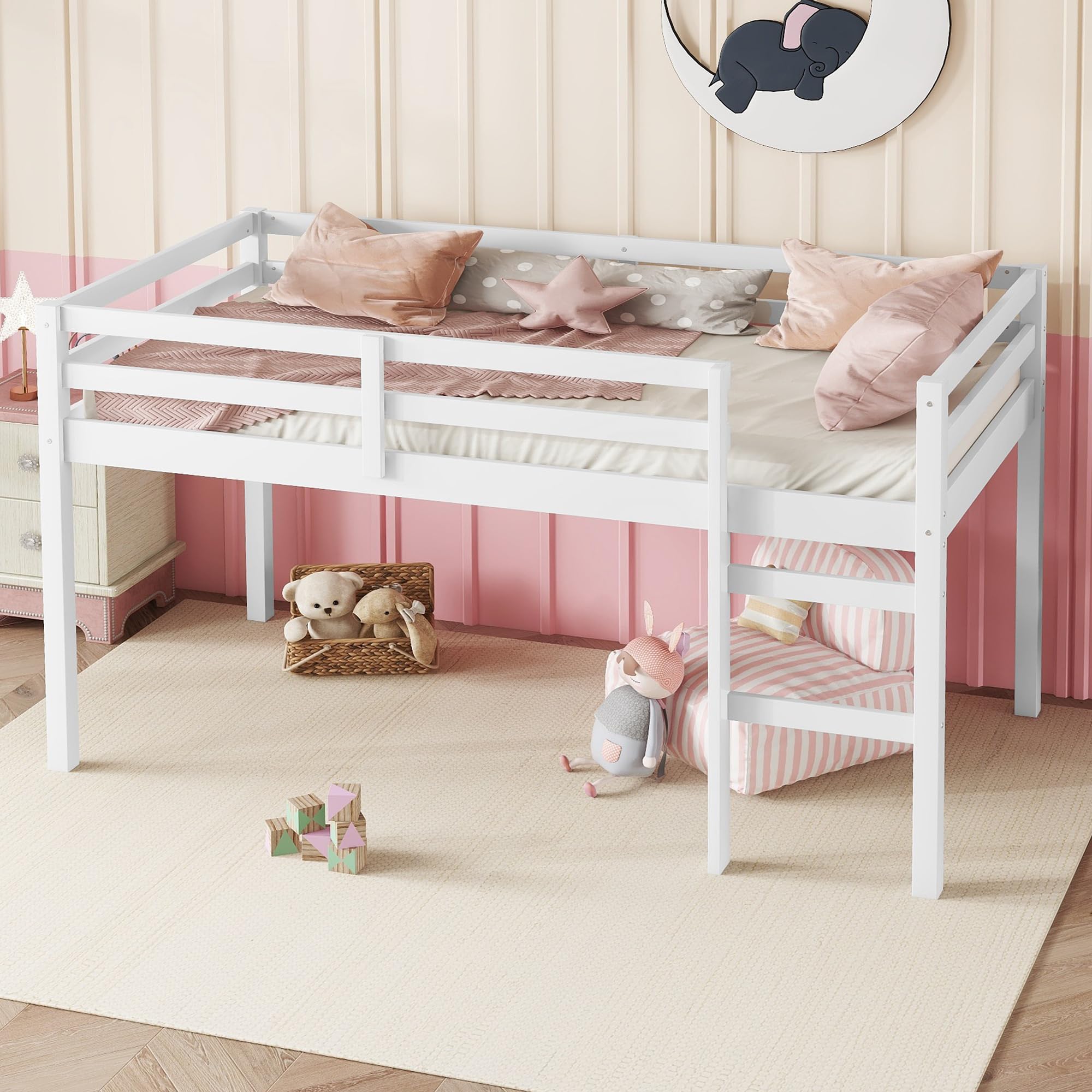 Bellemave Twin Size loft Bed for Kids, Kids loft Bed with Ladder, Wooden loft Bed for Kids, Low loft Bed, White