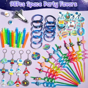 Mishopy 98 Outer Space Party Favors Galaxy Astronaut Birthday Supplies Straw Bubble Silicone Bracelet Keychain Sticker Boy Kid Girl Toy Gift Goodie Bags Stuffer Class Prize Space Themed Party Favors