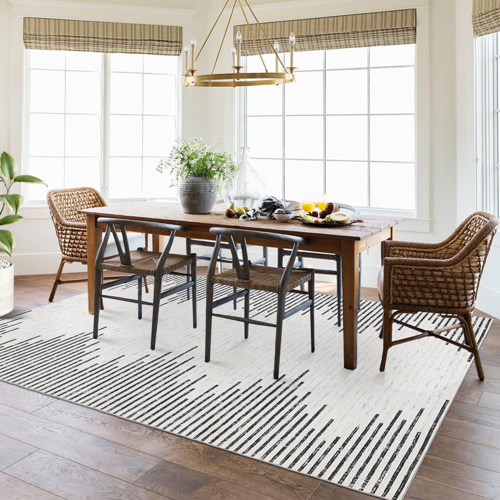 COZYLOOM 9x12 Area Rug for Living Room Washable Rugs Stripe Farmhouse Bedroom Rug large Rug Modern Rug Non Slip Carpet Stripe Throw Rugs for Dining Room Stain Resistant Office Rug Classroom Rug, Cream