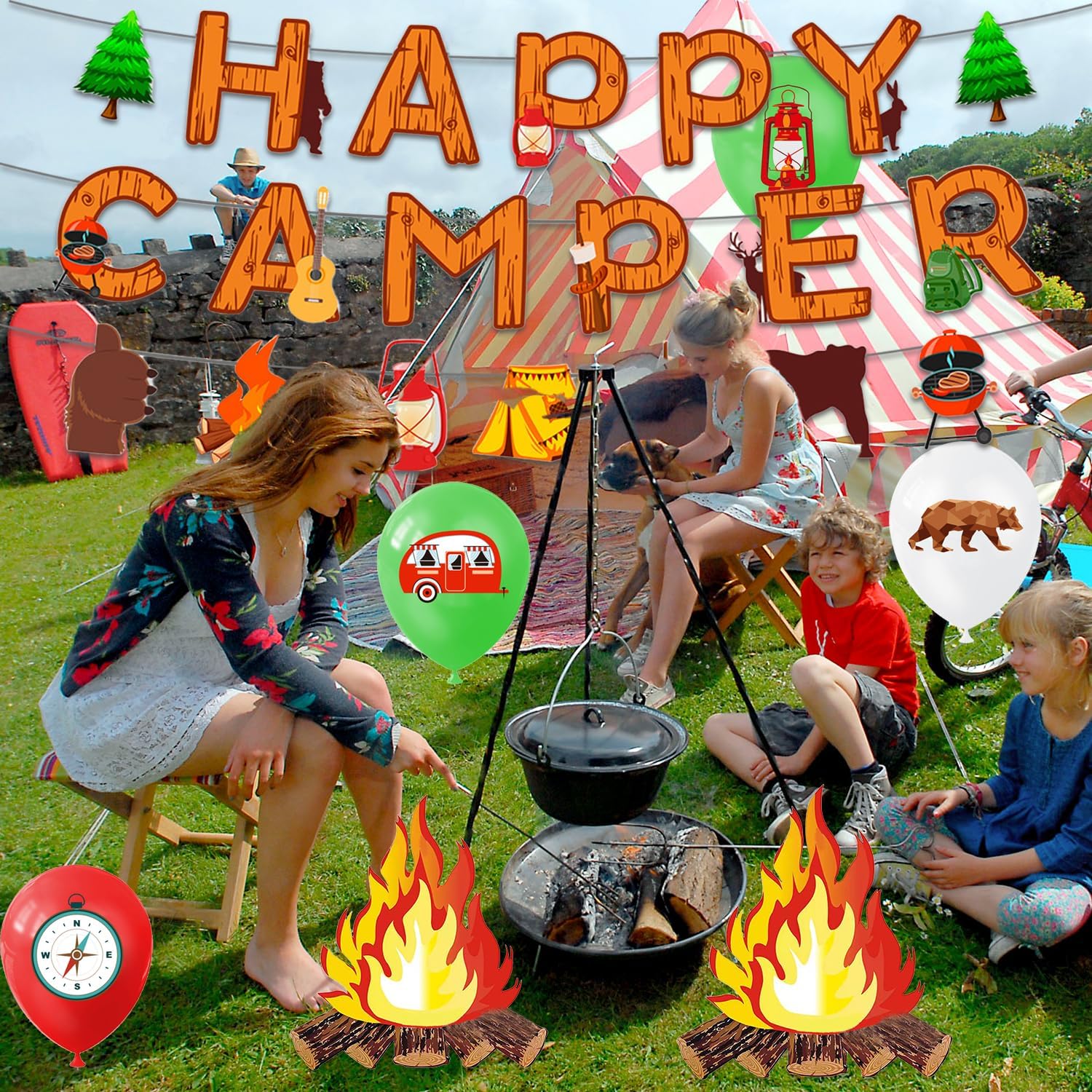 Camping Themed Party Decorations, Happy Camping Banner and 3D Bonfire with Camping Theme Latex Balloon for Teenagers Adventurer Hiking Camping Party Decoration