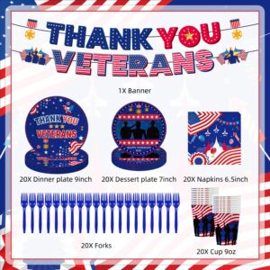 Veterans Day Decorations Tableware 102pcs Patriotic Theme Party Decorations Set Include Thank You Veterans Banner Plates Napkins Cups Forks and Tablecloth for Happy Veterans Day Supplies