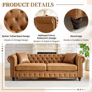 Mid Century Modern Couch,85.5" High-tech Fabric Button Tufted Oversized Loveseat Sofa w/ Nailhead Trim&Roll Armrest,Upholstered Comfy Deep Seat Chesterfield Sofa for Living Room,Office(3 Seater,Brown)