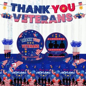 Veterans Day Decorations Tableware 102pcs Patriotic Theme Party Decorations Set Include Thank You Veterans Banner Plates Napkins Cups Forks and Tablecloth for Happy Veterans Day Supplies