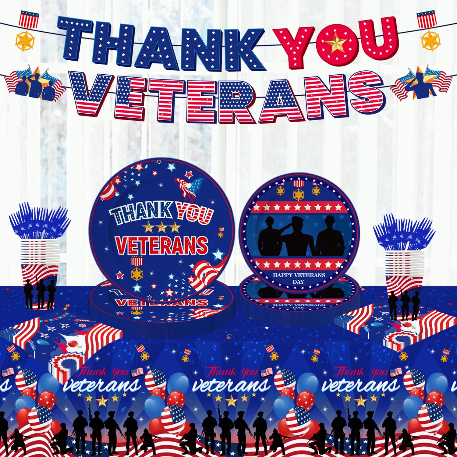 Veterans Day Decorations Tableware 102pcs Patriotic Theme Party Decorations Set Include Thank You Veterans Banner Plates Napkins Cups Forks and Tablecloth for Happy Veterans Day Supplies