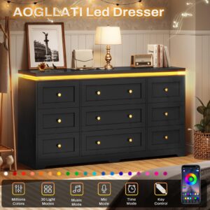 AOGLLATI Long Dresser for Bedroom, 55” Black 9 Drawer Dresser with Led Lights, Modern Large Wood Chest of Drawers, Led Wide Bedroom Dresser with Top Floating Design for Bedroom Hallway,Black