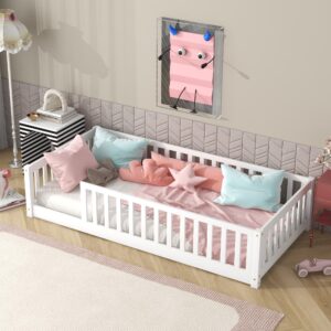 uocfyk toddler twin size floor bed with fence for kids,solid wood bedframe,easy to assemble, no box spring needed,white