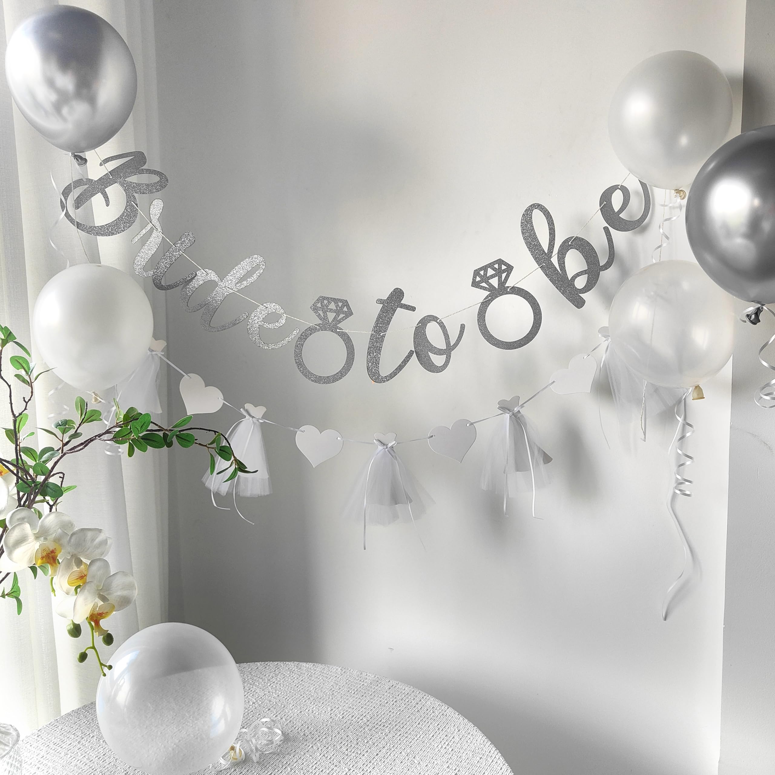 Silver Glitter Bride To Be Set,Bridal Shower Decorations,White Wedding Dress Heart Garland,Silver Balloon Decor,Bridal Wedding Party Hanging Garland,Bride To Be Wedding Love Banner Photo Props