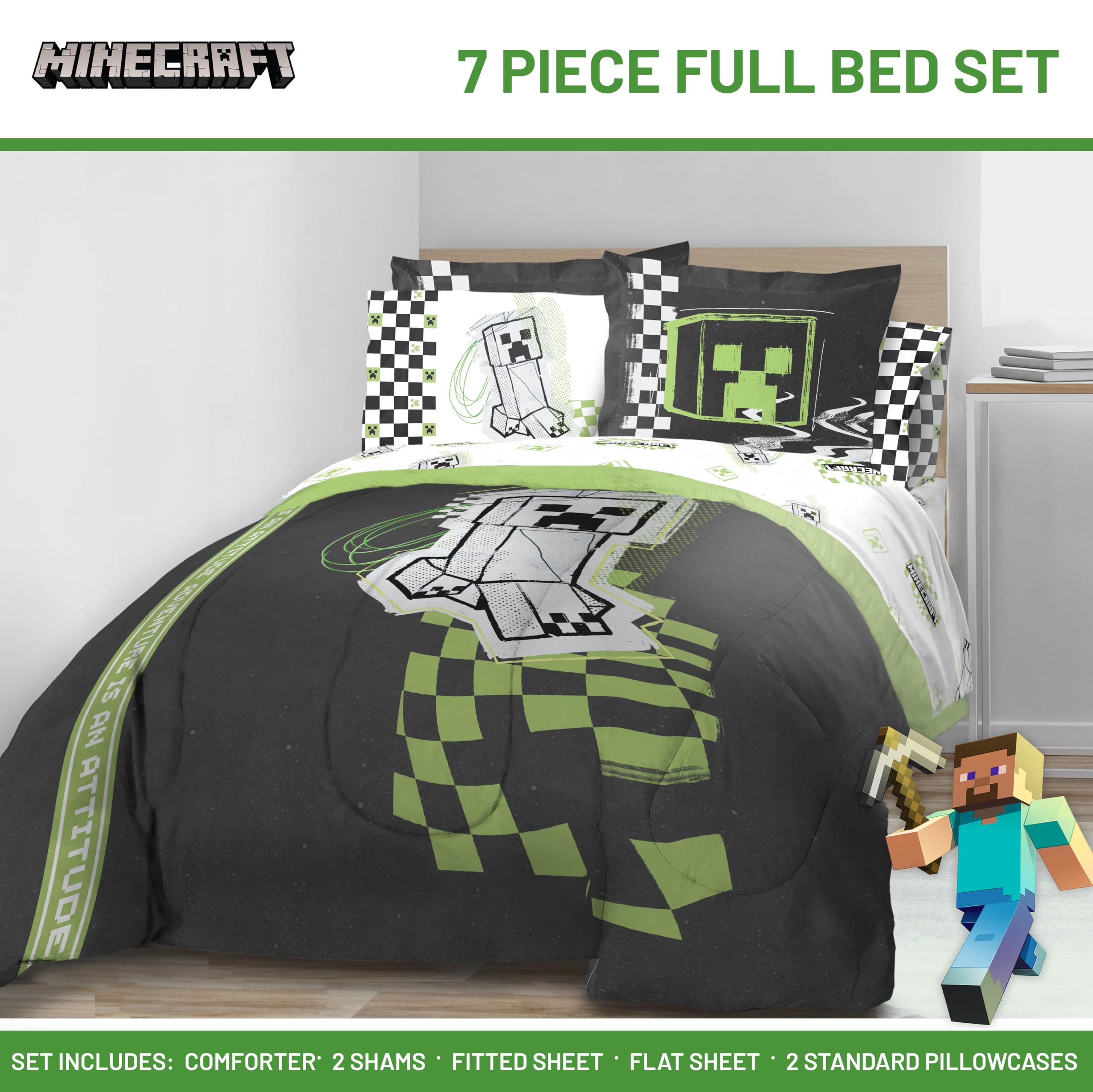 Jay Franco Minecraft Creeper Full Size Comforter Set - 7 Piece Bedding Includes Sheet Set & Pillow Covers - Super Soft Green & Gray Kids Bedding