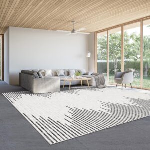 COZYLOOM 9x12 Area Rug for Living Room Washable Rugs Stripe Farmhouse Bedroom Rug large Rug Modern Rug Non Slip Carpet Stripe Throw Rugs for Dining Room Stain Resistant Office Rug Classroom Rug, Cream