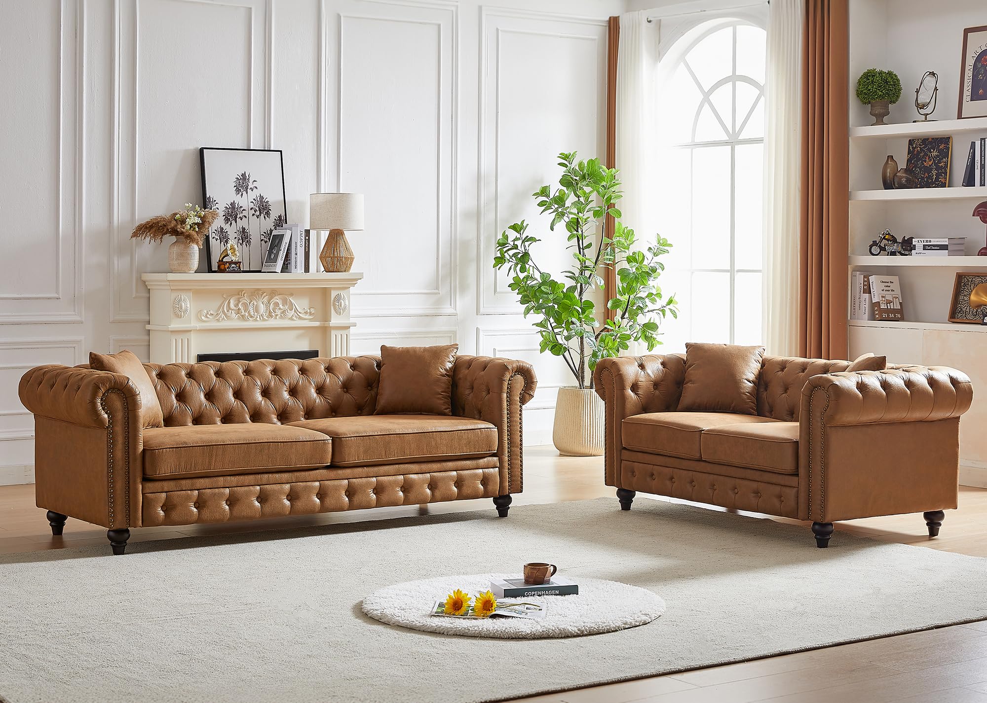 Mid Century Modern Couch,85.5" High-tech Fabric Button Tufted Oversized Loveseat Sofa w/ Nailhead Trim&Roll Armrest,Upholstered Comfy Deep Seat Chesterfield Sofa for Living Room,Office(3 Seater,Brown)